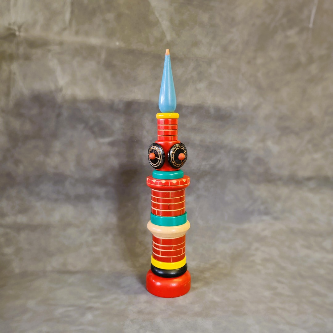 Vintage Russian Stacking Wooden Clock Tower Collectible Wood Toy Folk ...