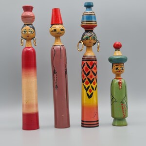 4 X Vintage Egyptian Spindle Dolls Wooden Spool Folk Art Hand Painted ...