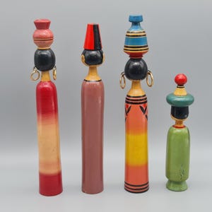 4 X Vintage Egyptian Spindle Dolls - Wooden Spool Folk Art - Hand ...