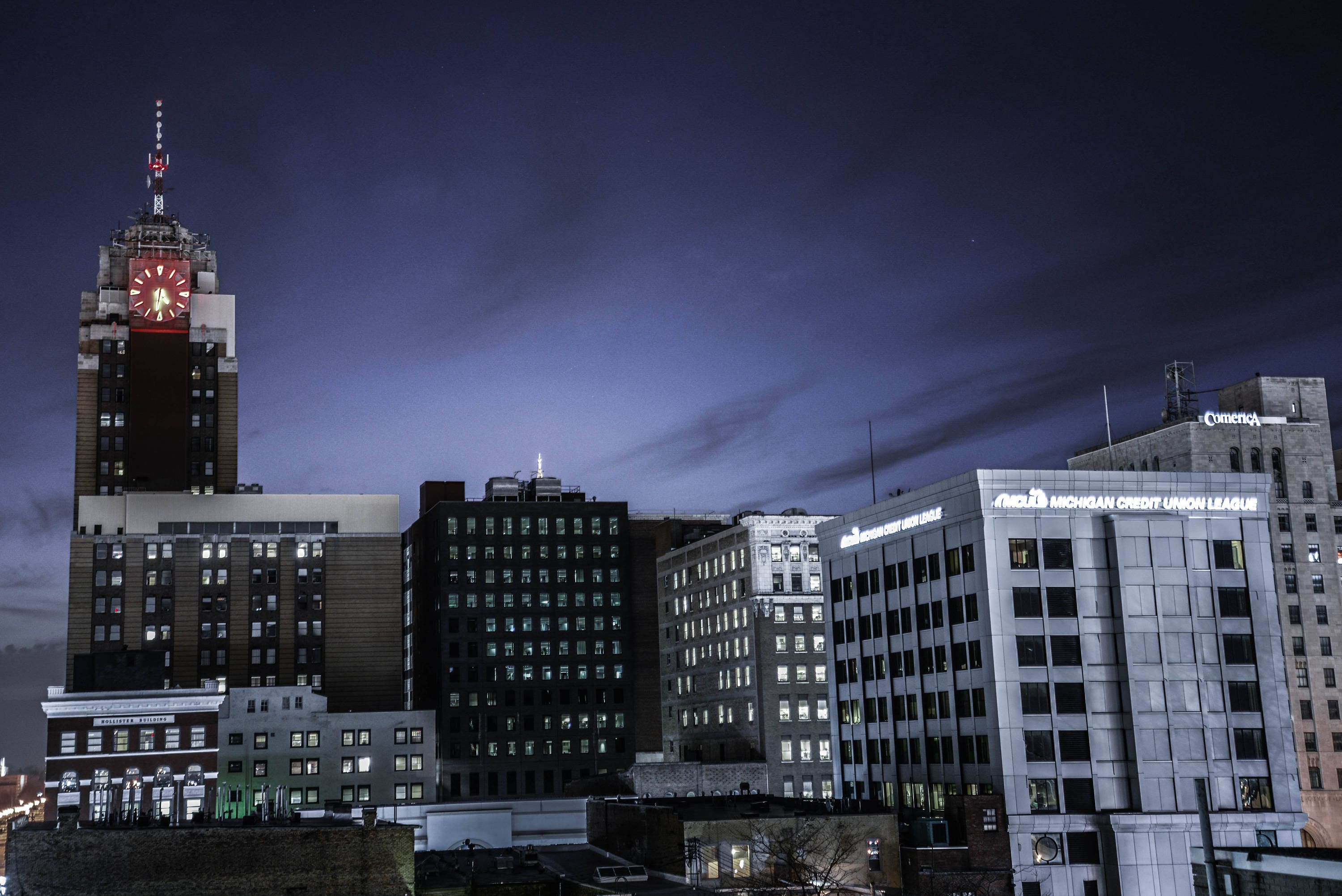 Historic Downtown Lansing MI Skyline - Boji Clock Tower - Comerica ...