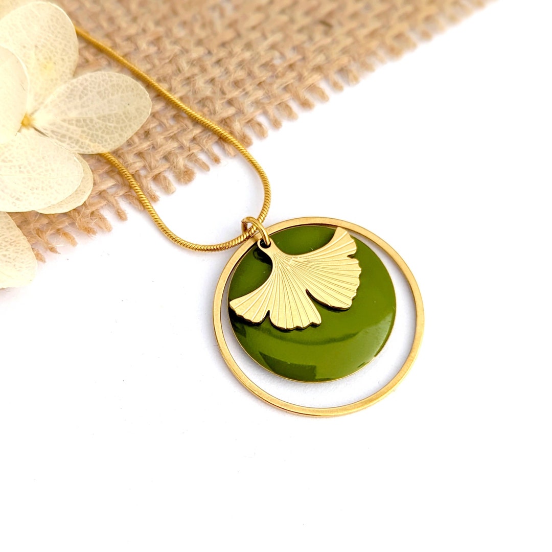 Green and Gold Ginkgo Leaf Necklace for Women, Minimalist Gold Necklace ...