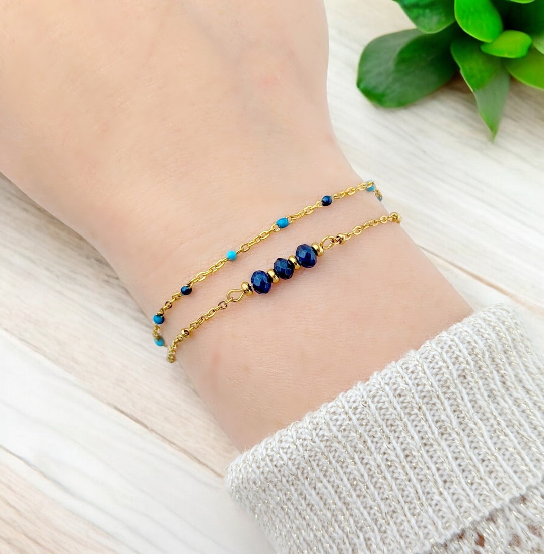 Bracelet perles bleues femme, bracelet acier inoxydable or, bijou ...