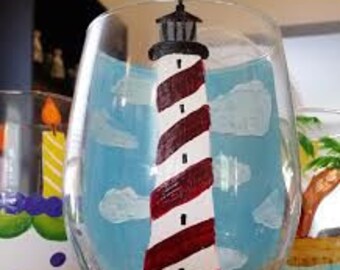 Lighthouse Wine Glass, Lighthouse Art, Hand Painted Wine Glass, Maine ...
