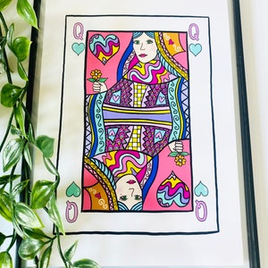 Queen of Hearts Playing Card Art Print - Retro Art Prints, Aesthetic ...