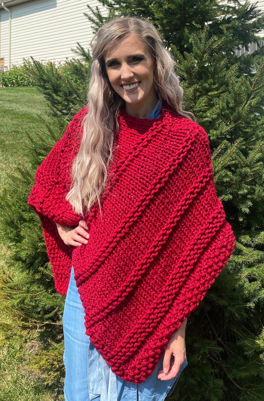 Womens Knit Poncho, Hand Knit Poncho, Cranberry Knit Poncho, FREE ...