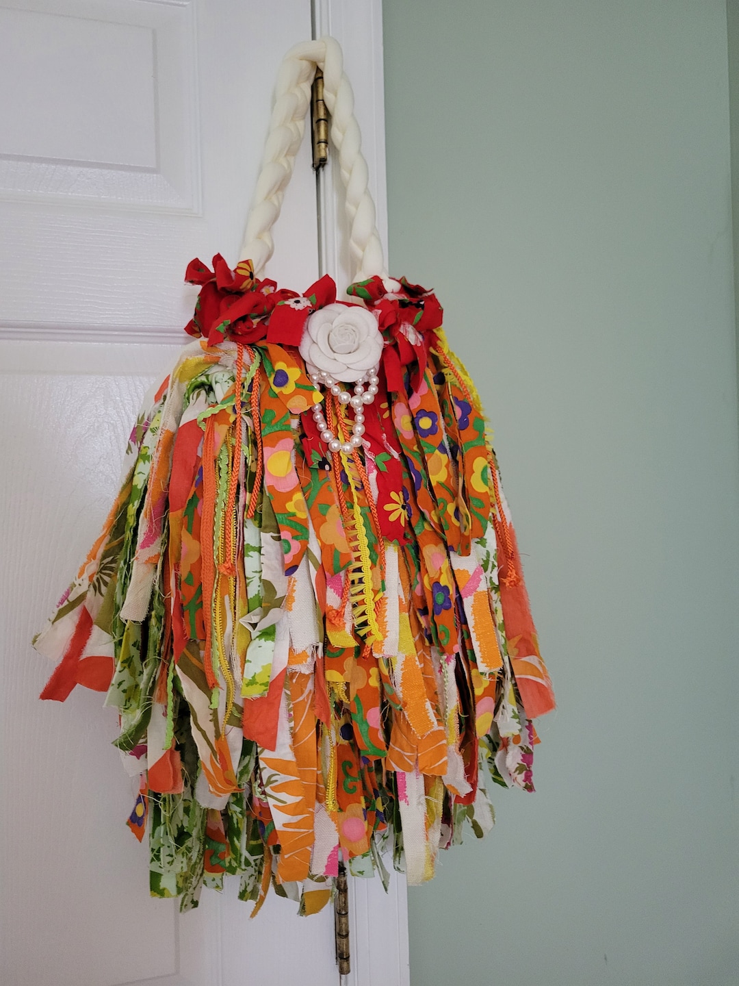 Handmade Vintage Fabric Scrap "rag Rug" Fringe Handbag Purse Woven ...