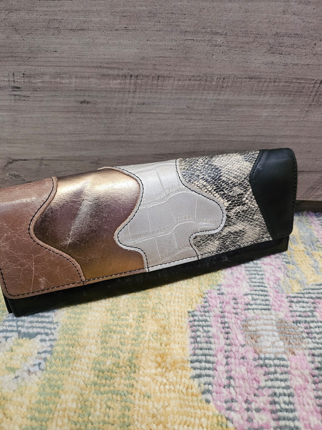 Vintage Metallic Snakeskin Croc Patchwork Flap Continental Wallet Soft ...