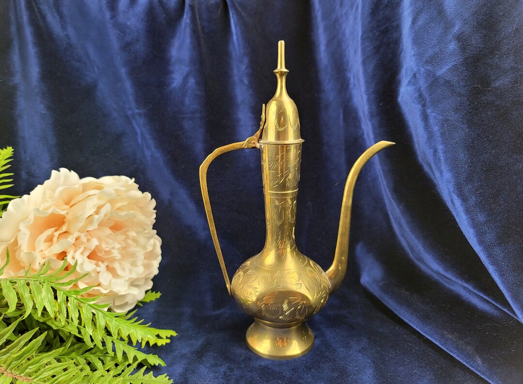 Vintage Brass Engraved Indian Aftaba Moroccan Genie Bottle Ewer Pitcher ...