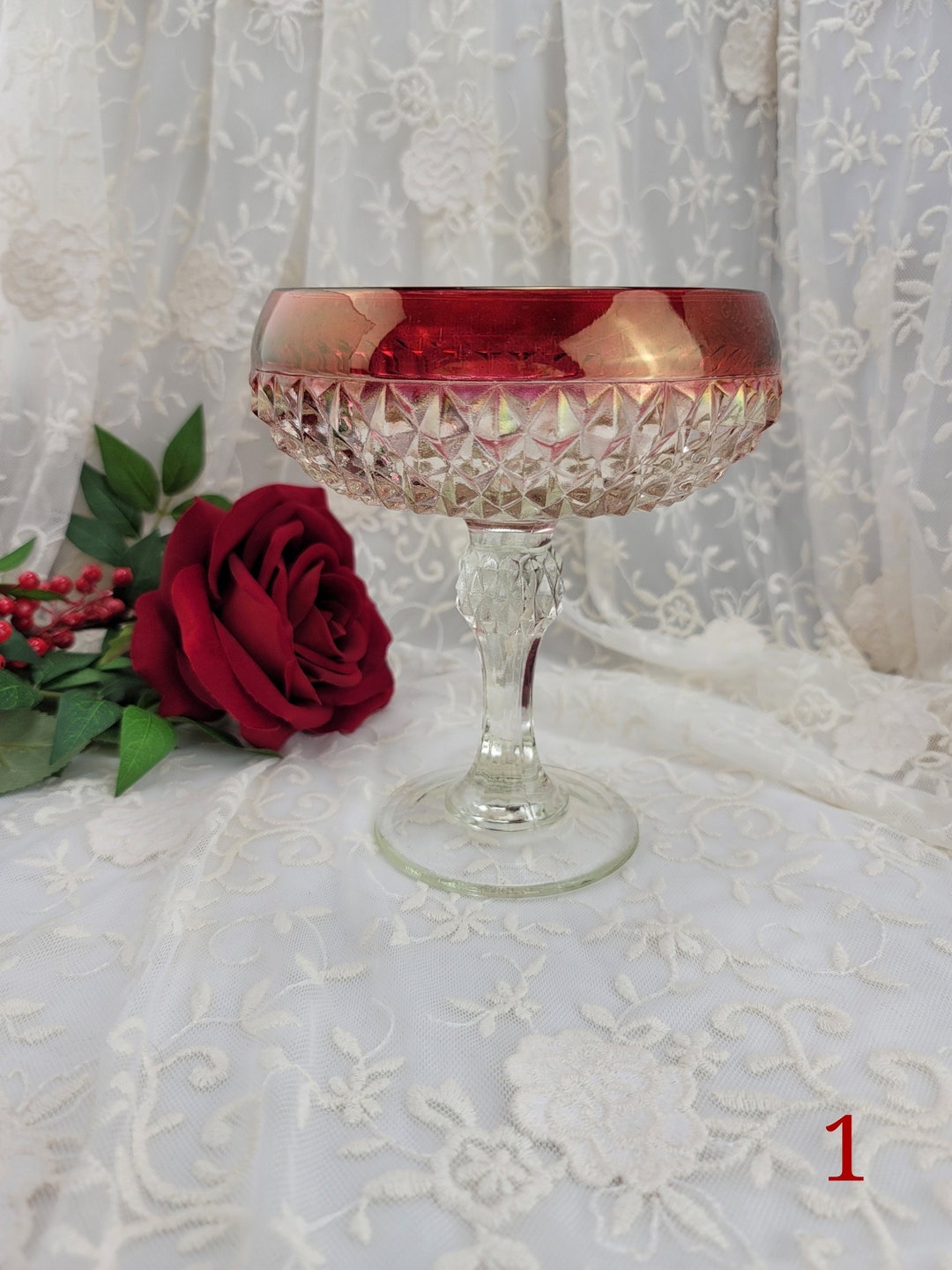 Indiana Glass Diamond Point Ruby Flash Compote Dish - Etsy