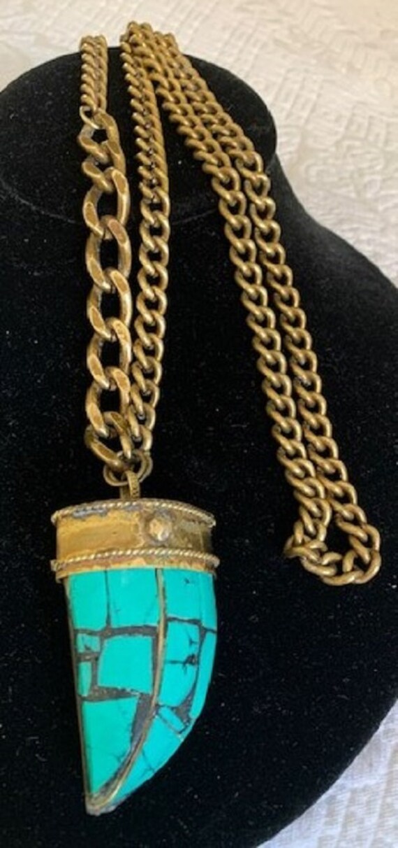Vintage 1970'S or 80'S Large Turquoise Brass Tooth On… - Gem