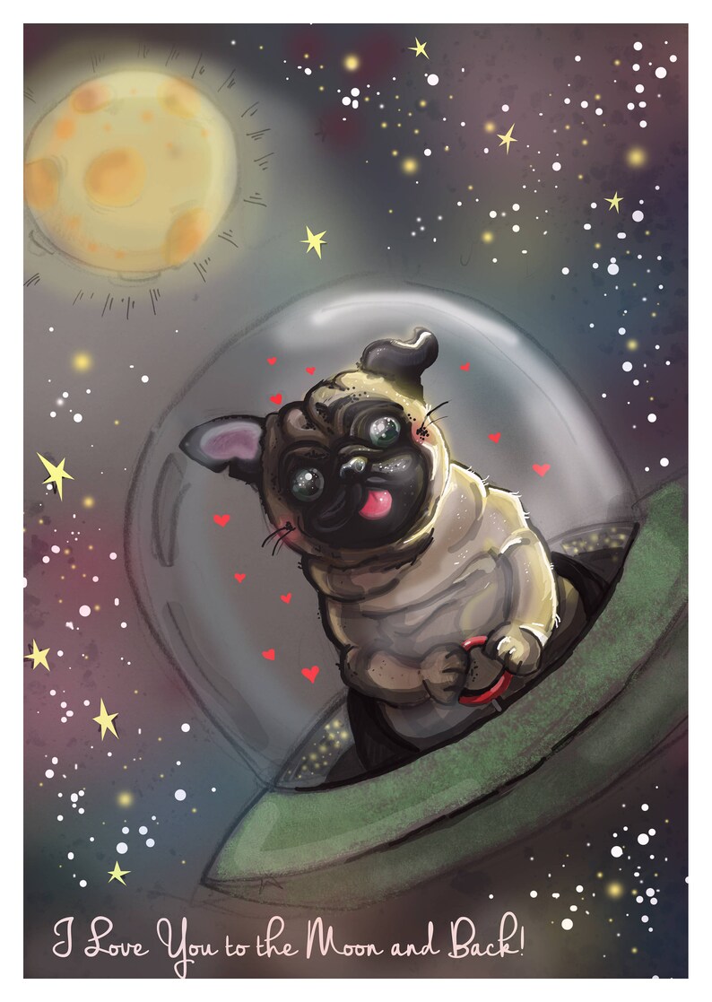 Pug in Space Print, Pug Instant Download Art, Pug Valentines Card ...