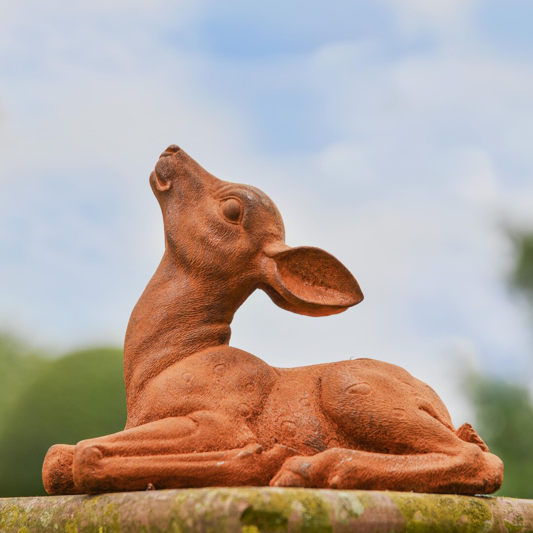 Rustic Cast Iron Sitting Doe Garden Sculpture, Facing Left, Beautifully ...