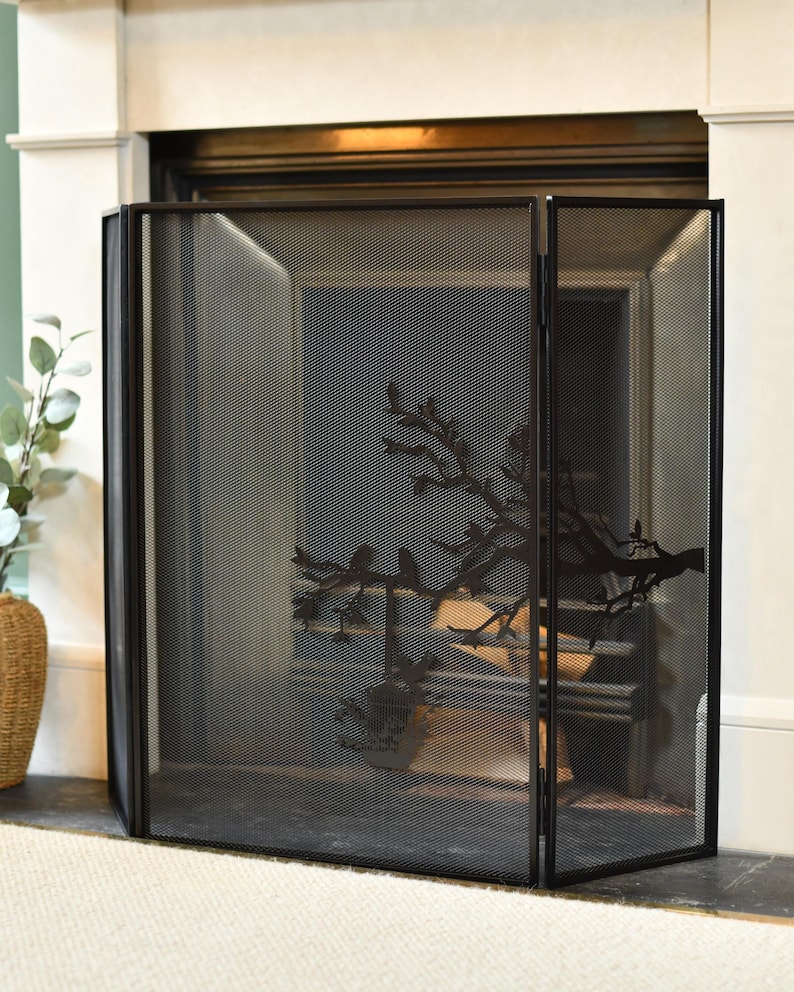Black Three Fold Ornate Fire Guard, Bird & Tree Design, Mesh Guard ...