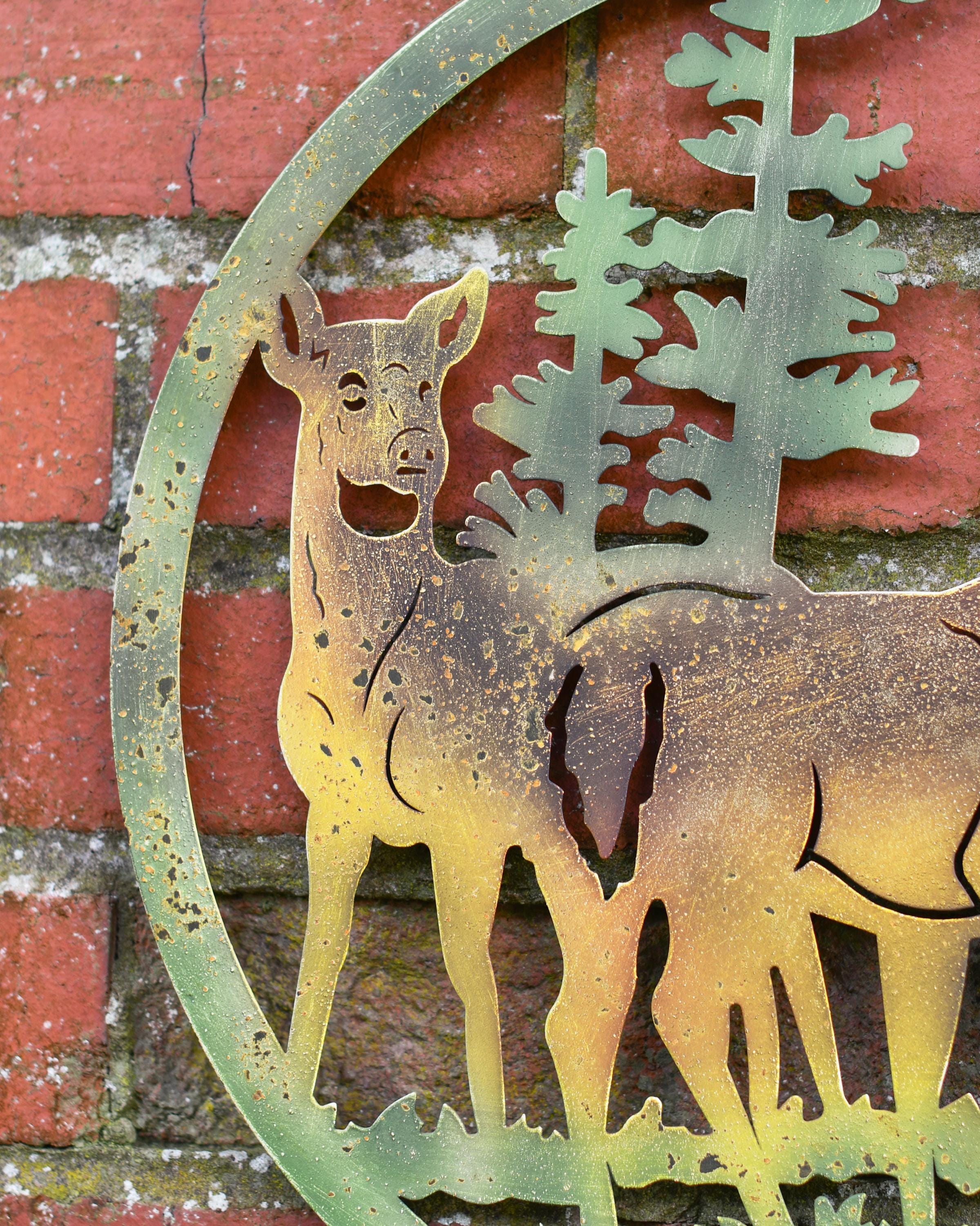 Rustic Deer Woodland Scene Garden Wall Art, Circular Steel Stag and ...