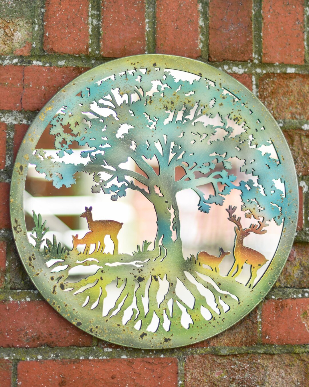 Rustic Metal Deer Woodland Scene Garden Mirror Wall Art, Tree, Deer ...