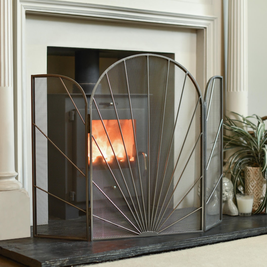 Art Deco Style Silver Fire Guard, Three Fold Steel Fire Screen - Etsy UK