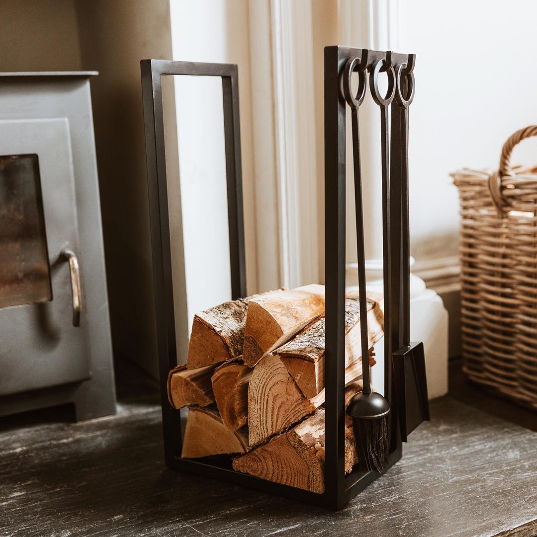 Black Fireside Log Holder With Tools, Firewood Storage, Companion Set ...