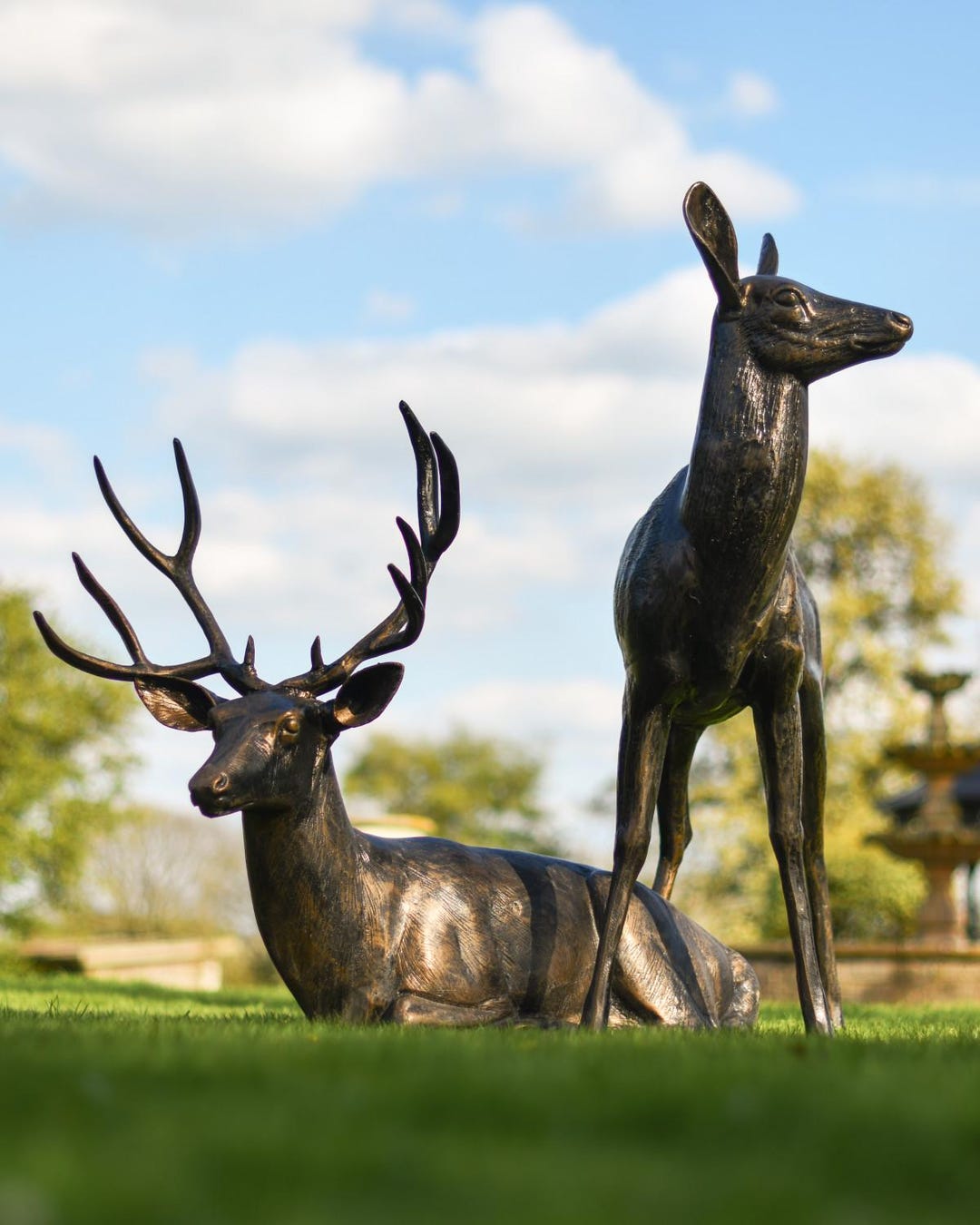 Set of Two Cast Aluminium Standing Doe and Sitting Stag Sculptures ...