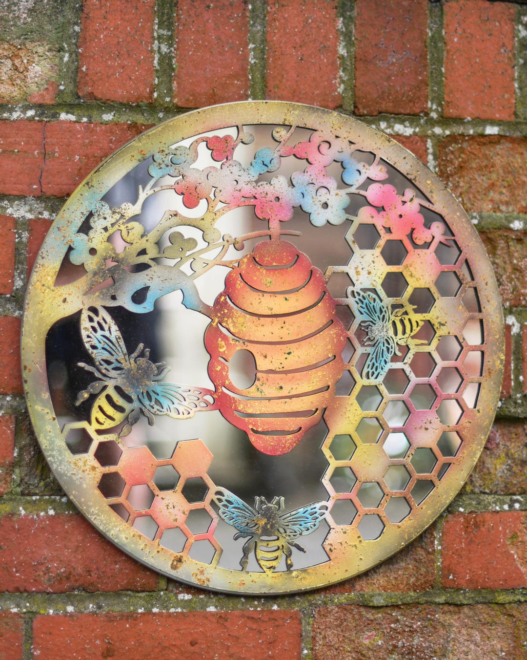 Rustic Circular Beehive & Honeycomb Garden Wall Art Mirror, Indoor or ...
