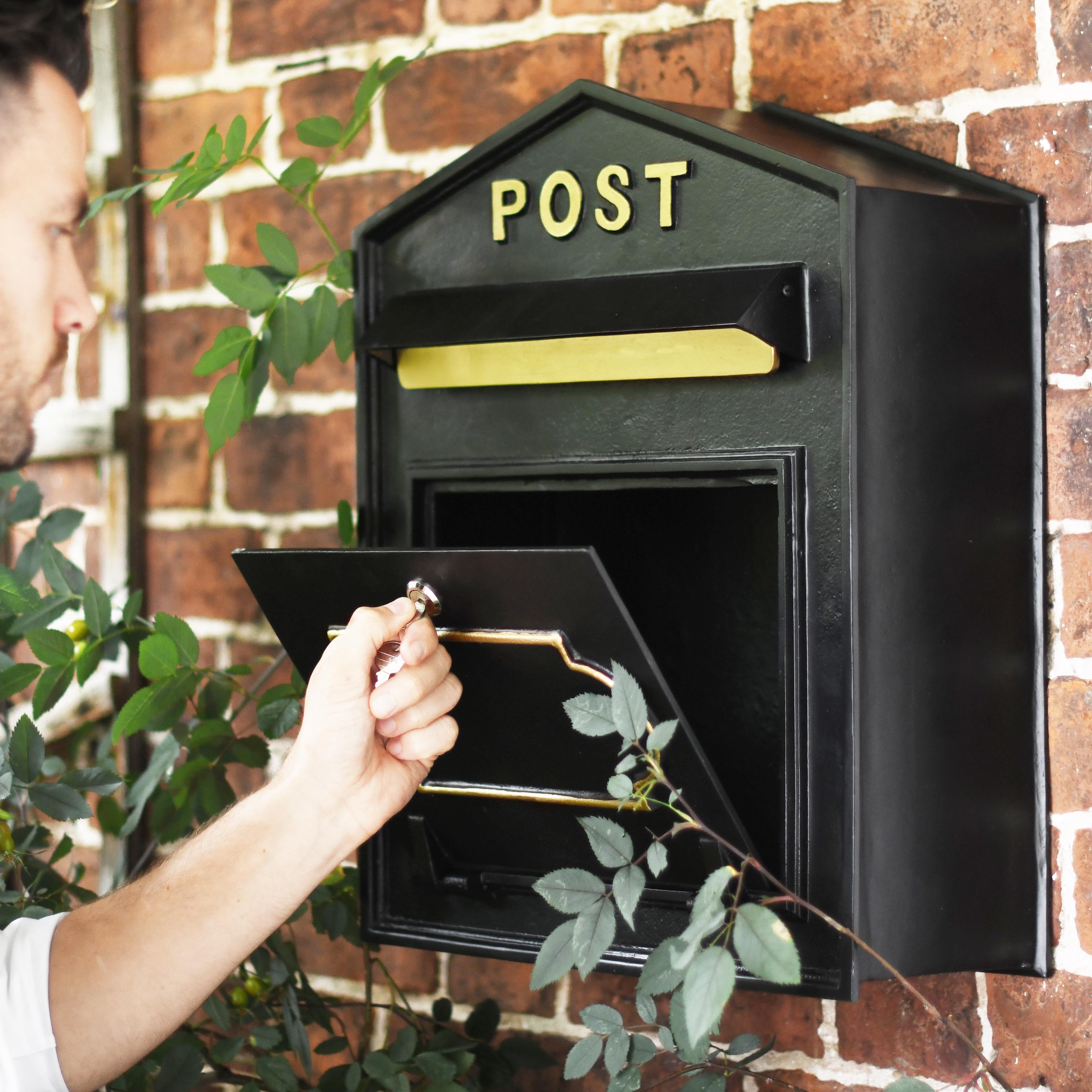 Black Wall Mounted Post Box With Gold Lettering - Personalisation ...