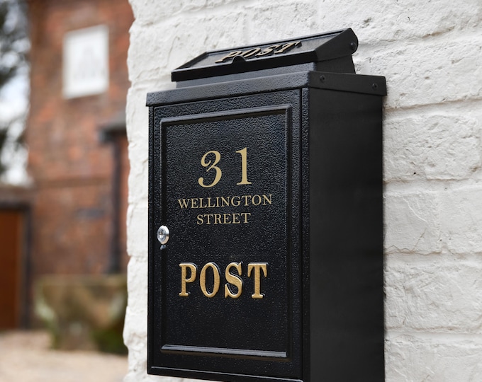 Black + Gold Wall Mounted Post Box, Personalisation Available, Mail Box ...
