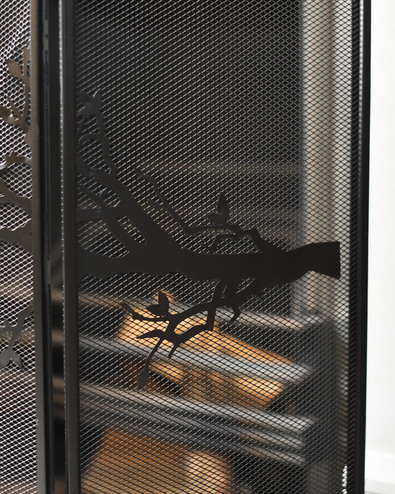 Black Three Fold Ornate Fire Guard, Bird & Tree Design, Mesh Guard ...