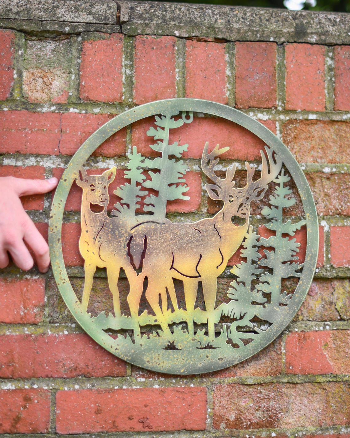 Rustic Deer Woodland Scene Garden Wall Art, Circular Steel Stag and ...
