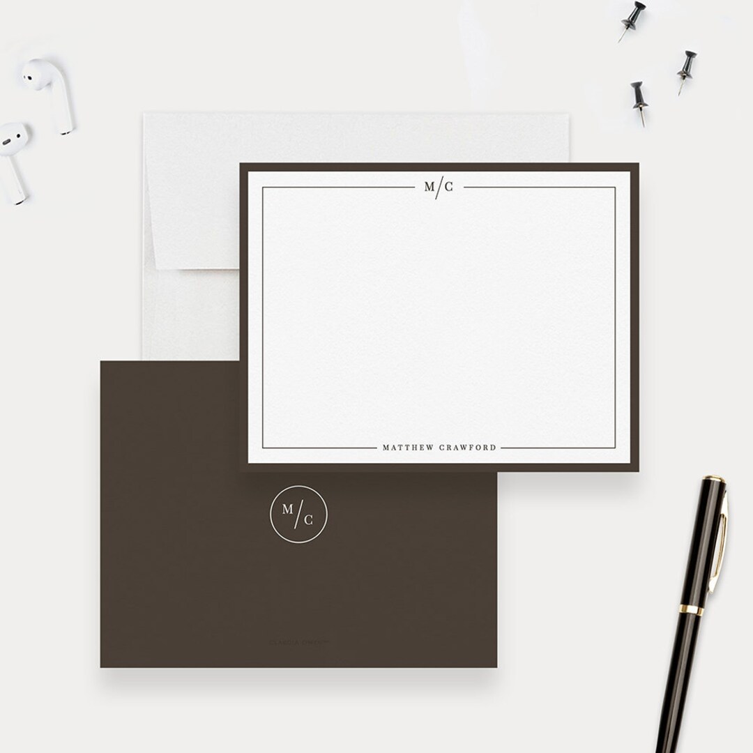 Mens Monogram Note Card, Office Personalized Stationery for Him, Custom ...