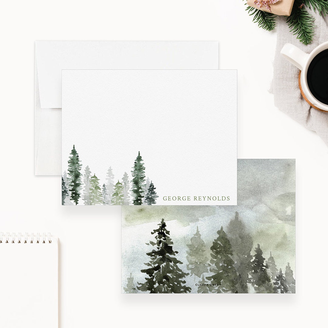 Personalized Watercolor Pine Forest Note Card, Forest Thank You Cards ...