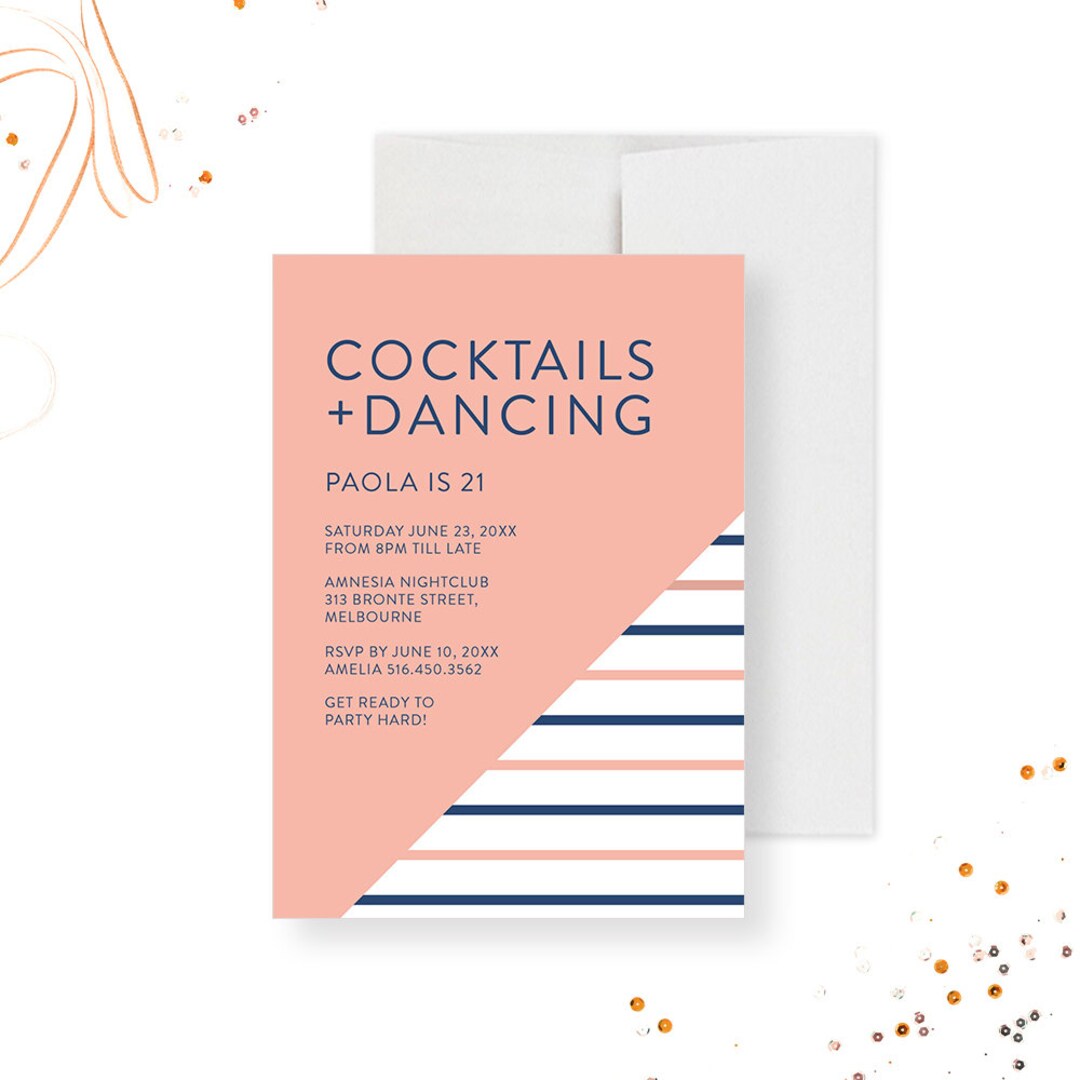 Cocktails and Dancing Party Invitation for Birthday Celebration, 21st ...