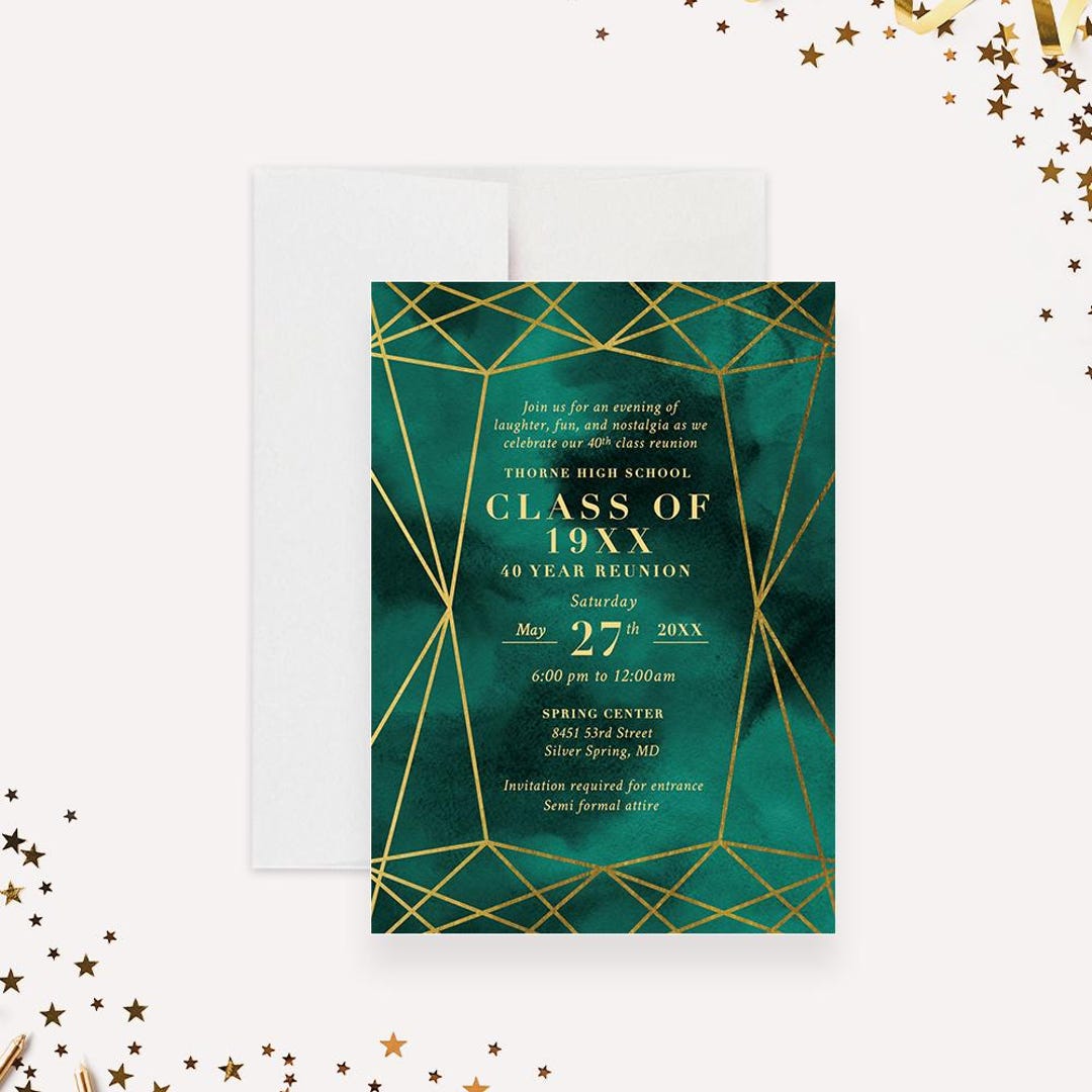 Class Reunion Party Invitation in Emerald Green, Crystal Graduation ...