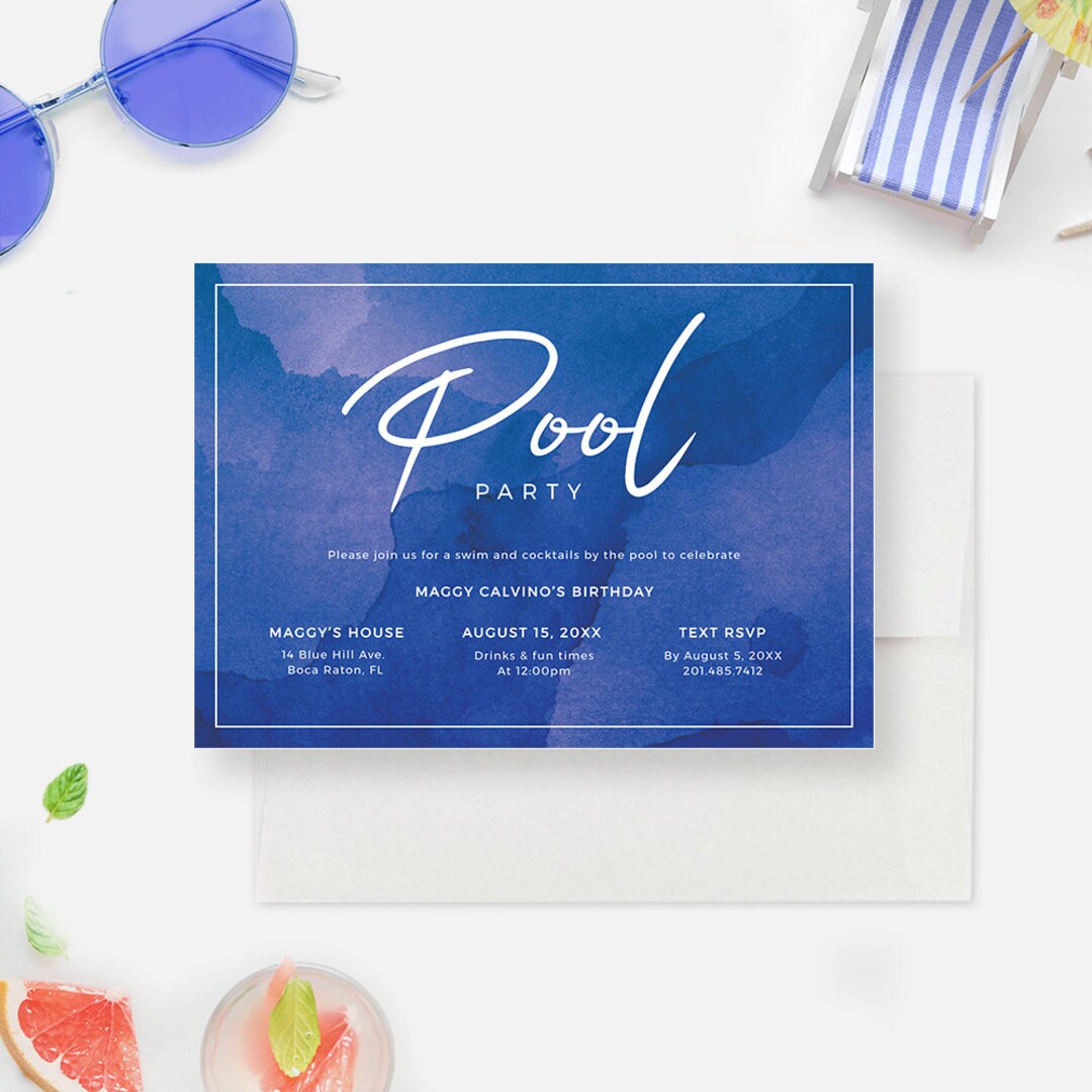 Adult Pool Party Invitation Editable Template, Summer Pool Birthday ...