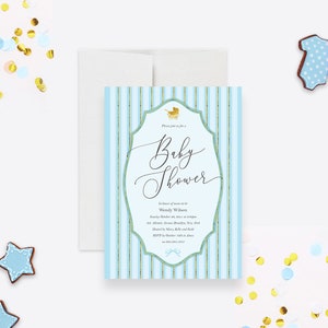 Cute Baby Shower Invitation Card in Light Blue and Gold, Baby Boy ...