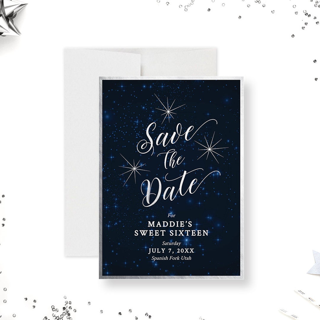 Save the Date Card in Silver, Starry Night Sky Save the Date Instant ...