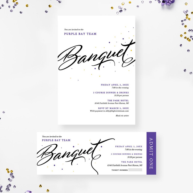 Banquet Invitation Editable Template With Matching Ticket, Purple ...