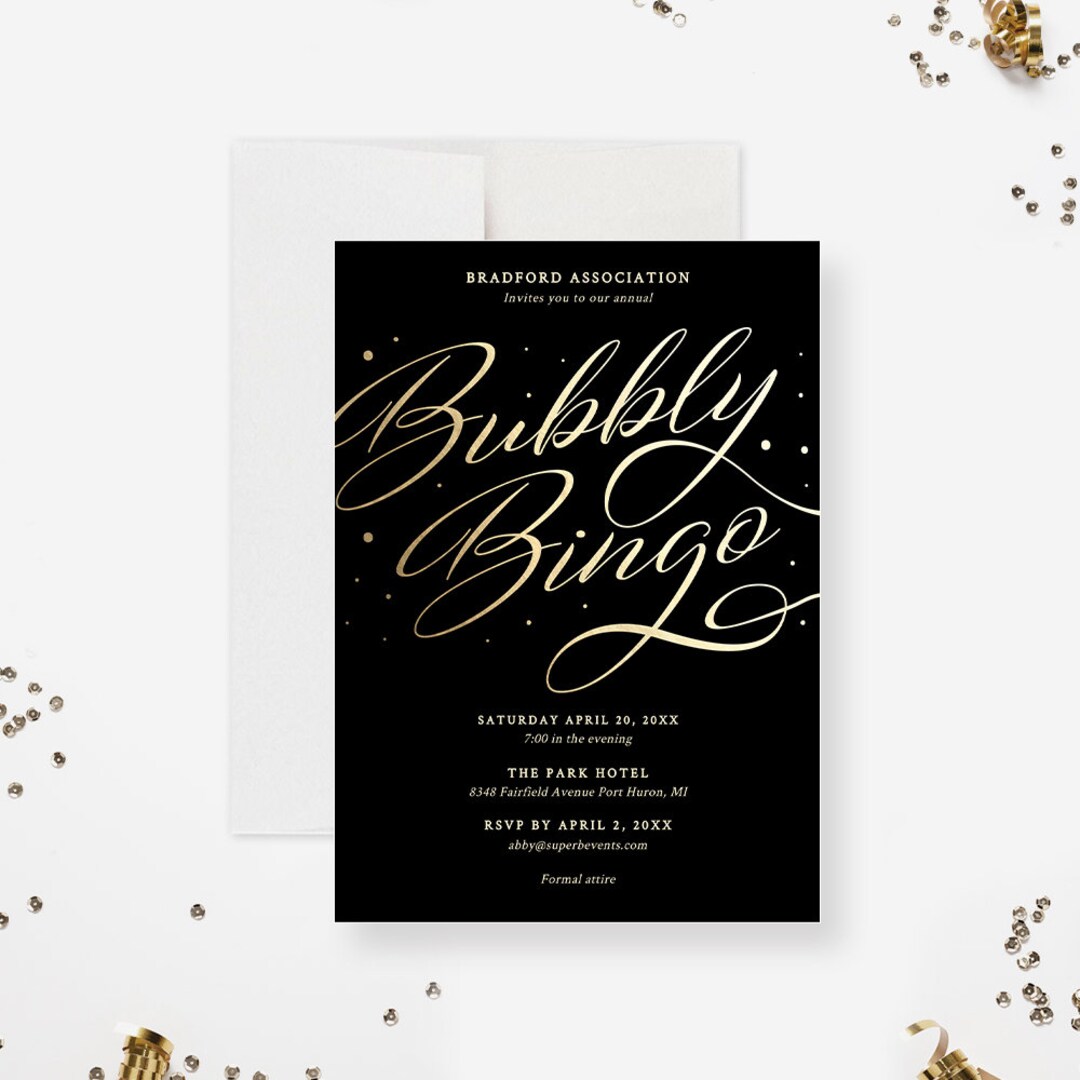 Bubbly Bingo Party Invitation Template, Champagne and Bingo Game Night ...