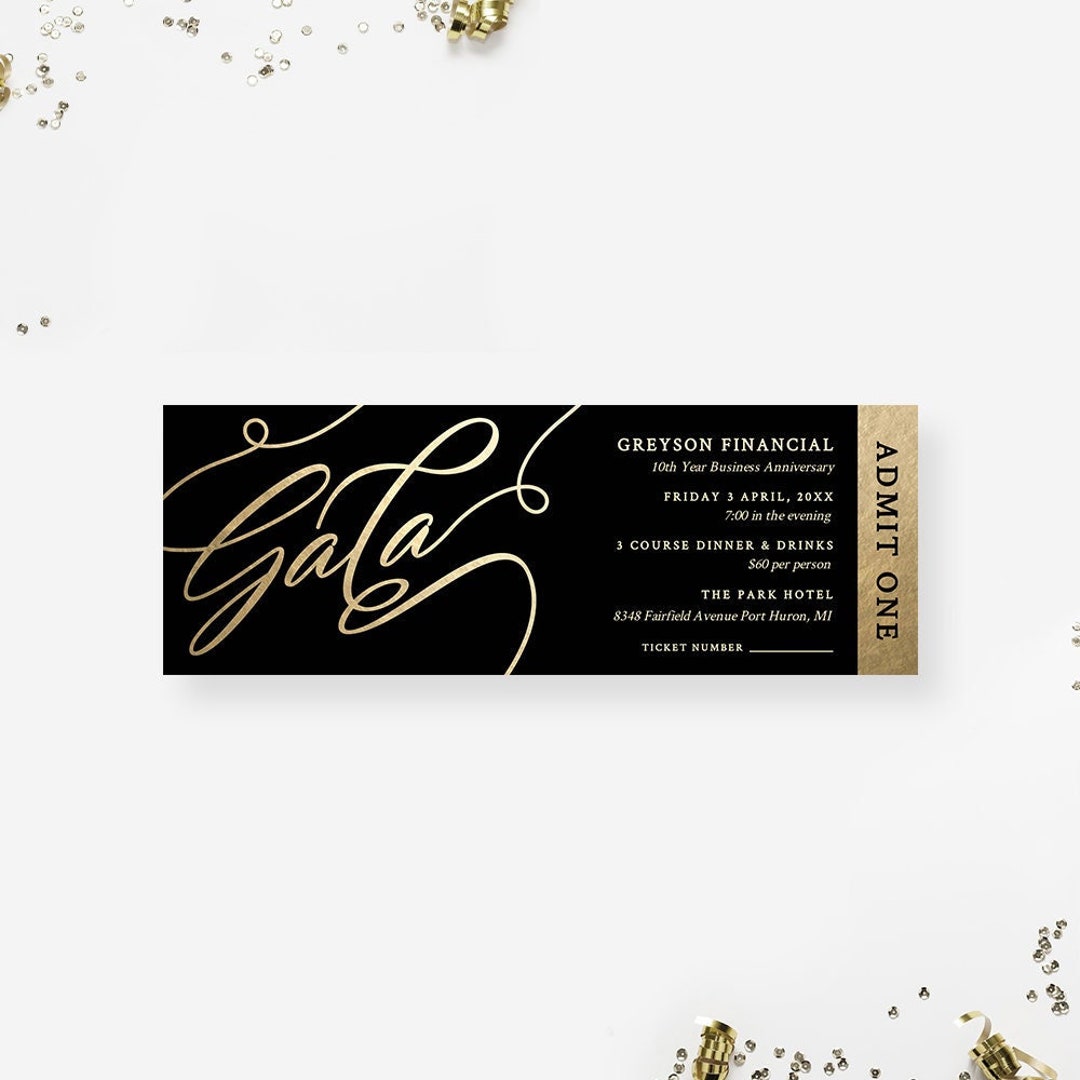 Golden Gala Ticket Editable Template, Admit One Printable Digital ...