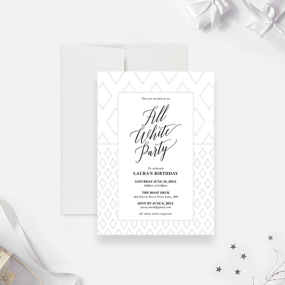 All White Birthday Party Invitations, White Affair Summer Invites ...