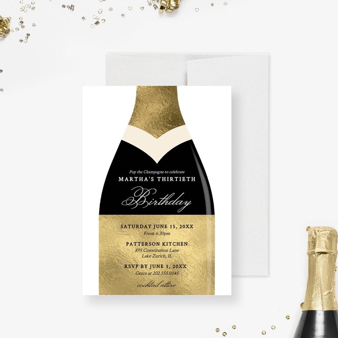 Pop the Champagne Birthday Invitation Template in Black and Gold ...