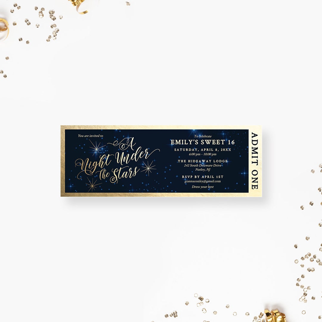 A Night Under the Stars Ticket Digital Download, Elegant Sweet 16 ...