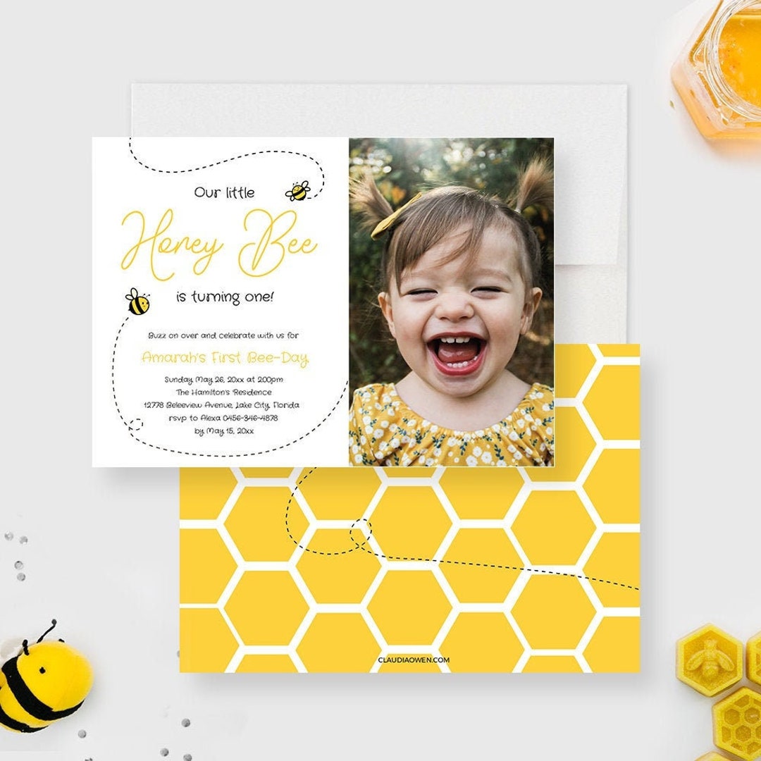 Plantilla de invitación de cumpleaños de abeja con foto, invitaciones a ...