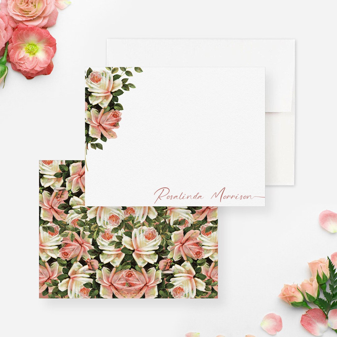 Rose Note Card, Custom Flower Note Cards, Vintage Flower Stationery Set ...