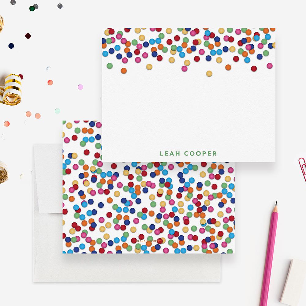 Custom Name Note Cards Personalized Stationery Set Fun Confetti Design ...