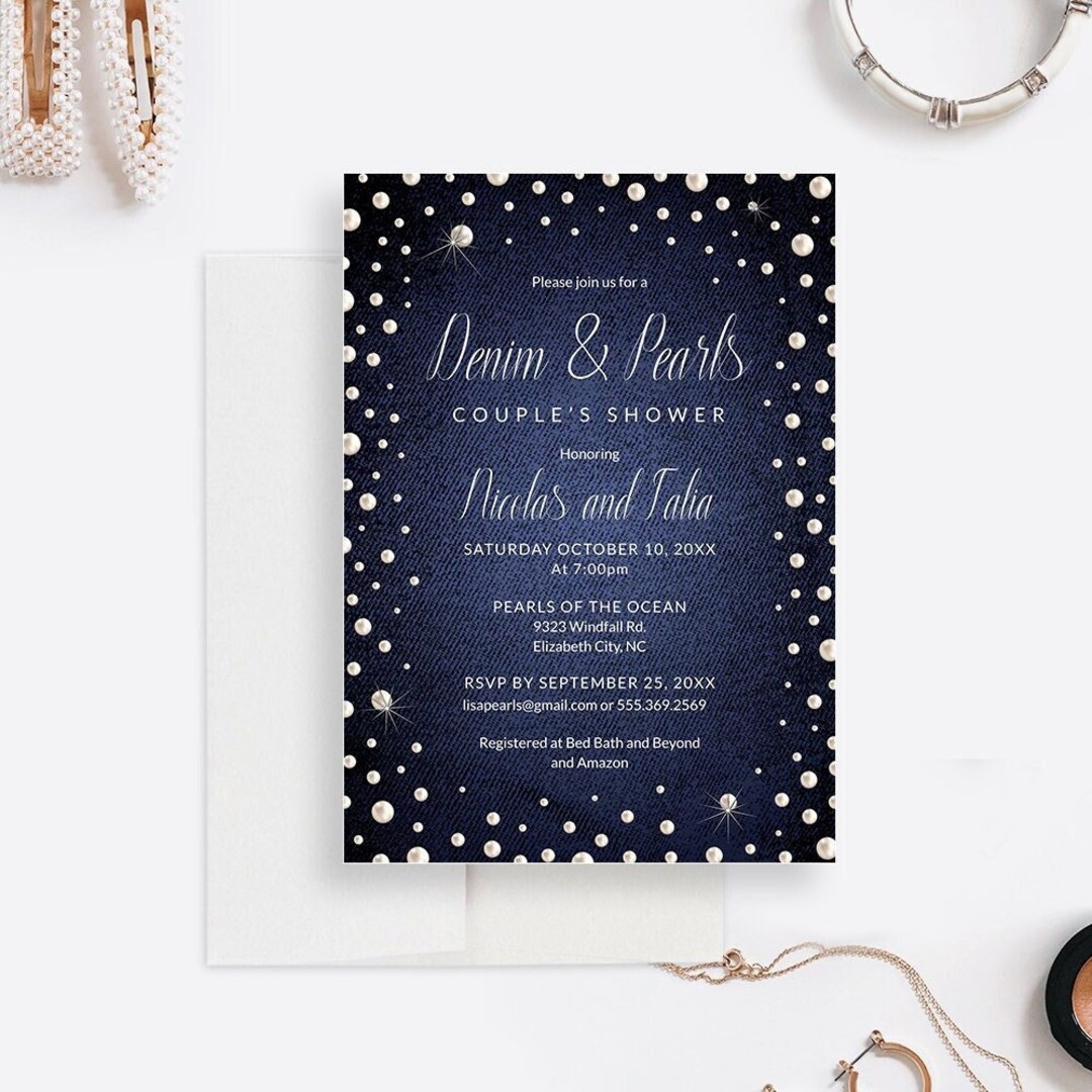 Denim and Pearls Birthday Invitation Template, Pearl Invites Digital ...