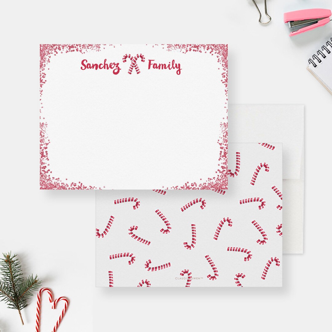 Candy Cane Note Cards, Personalized Christmas Gift, Cute Holiday Thank ...