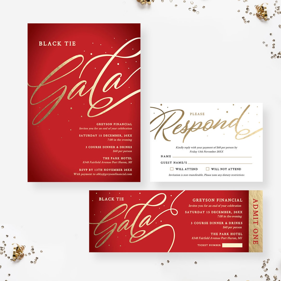 Gala Invitation Template With Matching RSVP and Ticket in Red and Gold ...