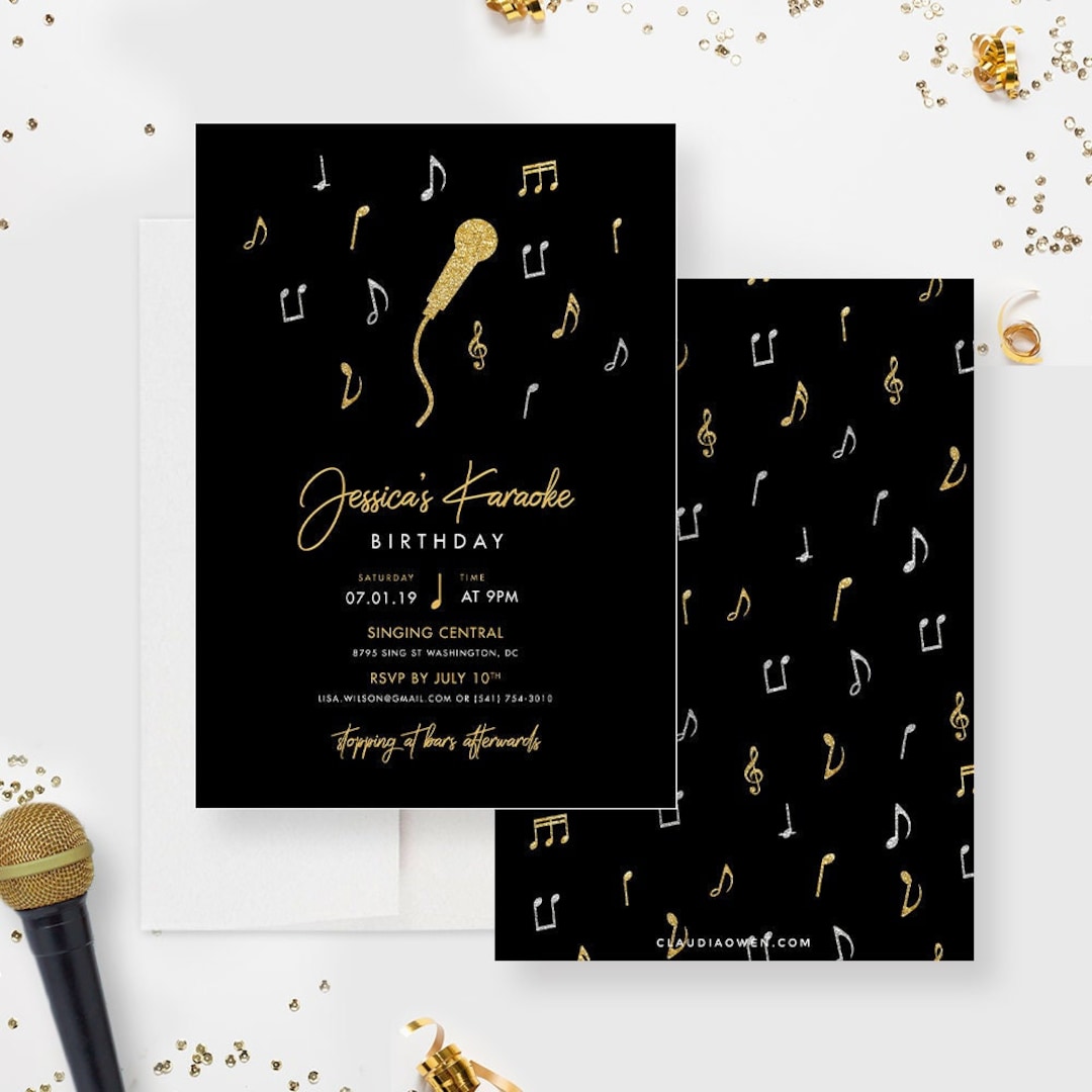 Invitación impresa de fiesta de karaoke, micrófono notas musicales ...