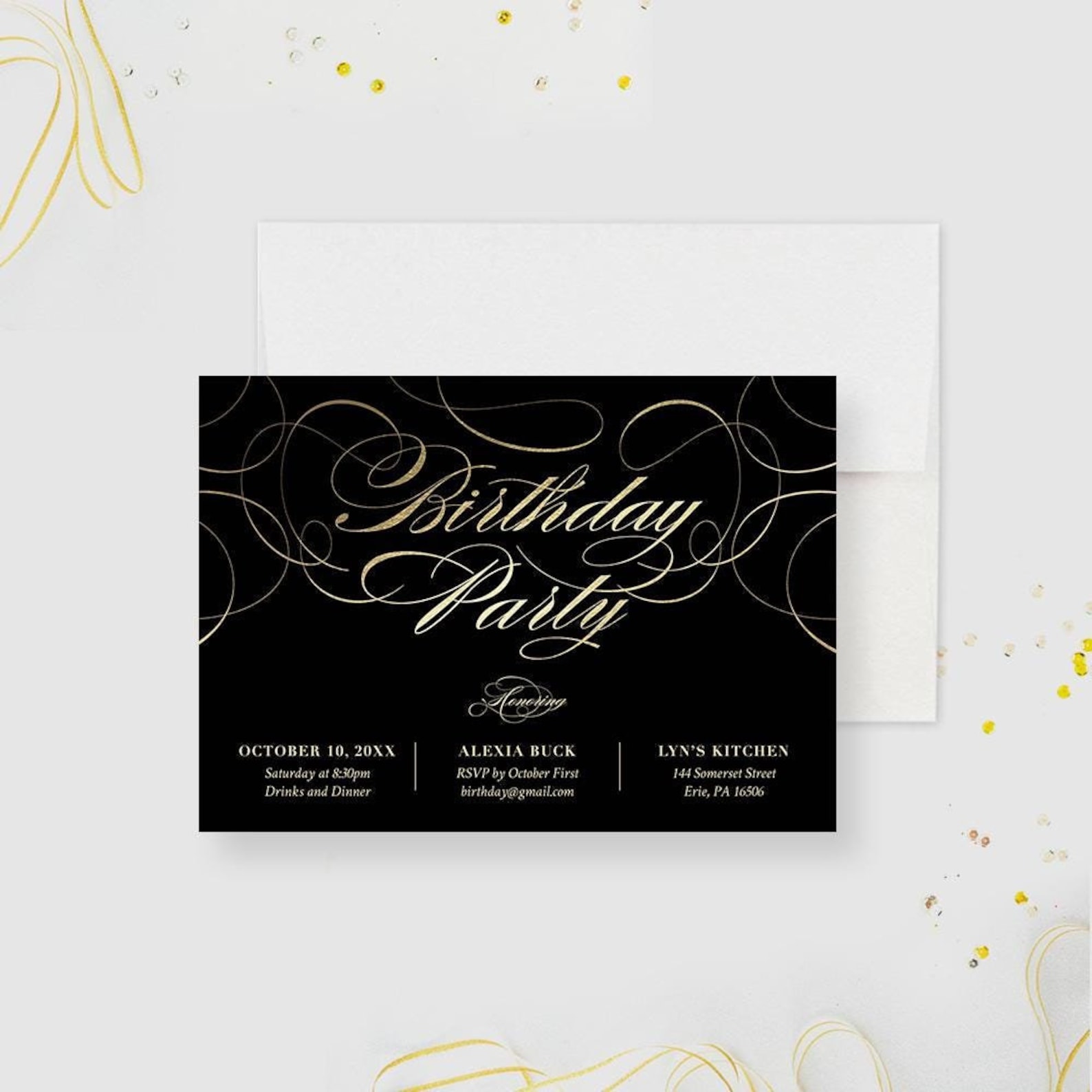 Elegant Birthday Invitation Black Gold Adult Birthday Party Invitation ...