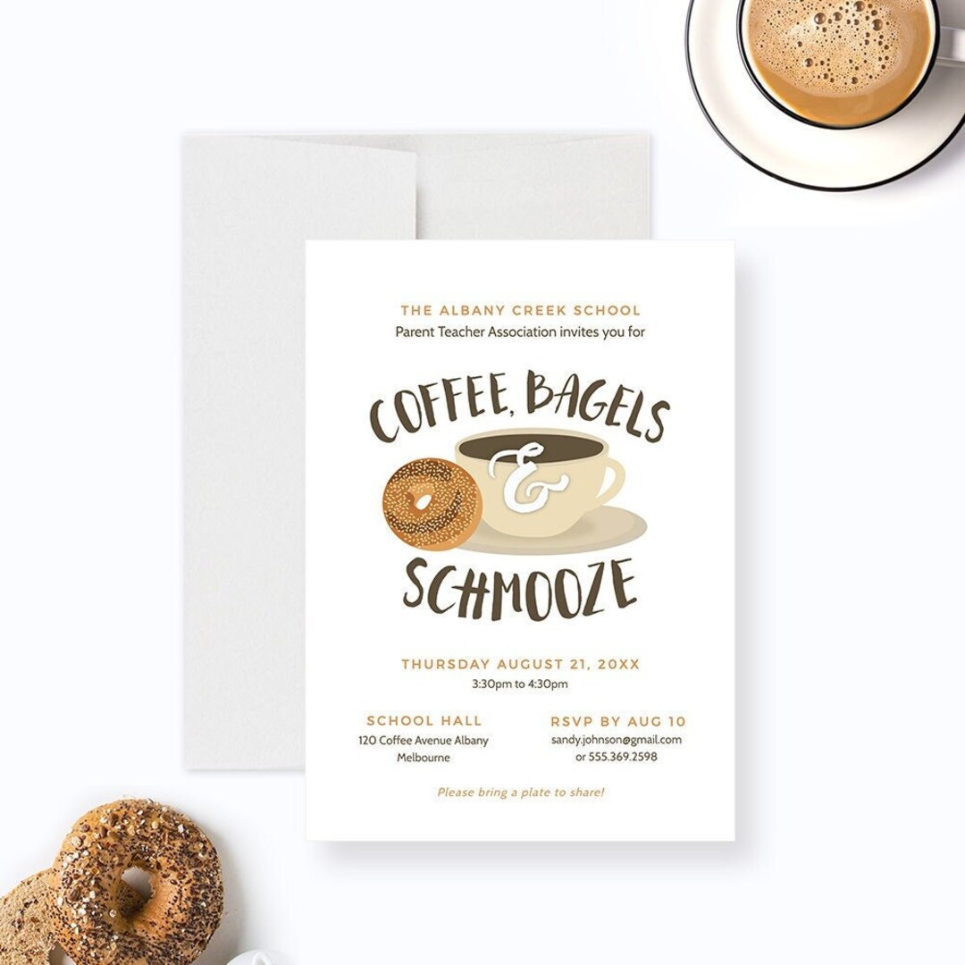 Coffee Bagels and Schmooze Party Invitation Editable Template ...