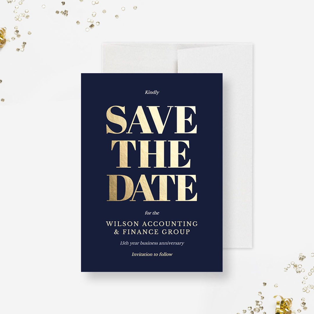 Elegant Save the Date Card in Gold and Blue Template, Business Save the ...